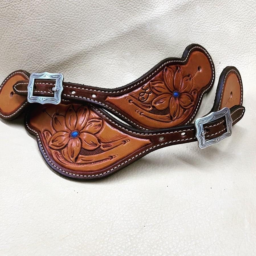 Handmade custom spur straps with flower | Rockin' LP Custom Leather